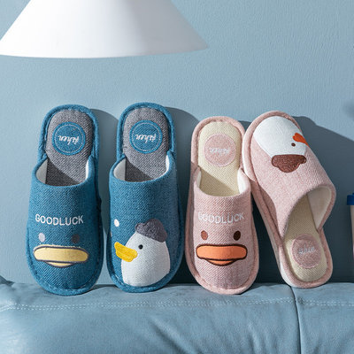Excellent quality skin-friendly linen slippers female Sweat-absorption hot sale cartoon Duck home indoor shoes