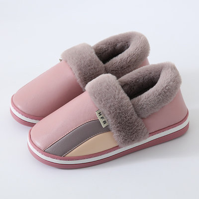 Slippers women winter all-inclusive heel non-slip couple warm waterproof PU leather home indoor shoes for men