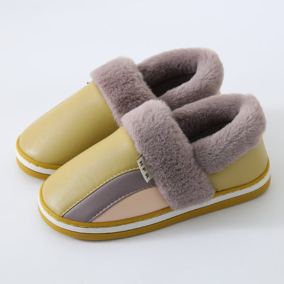 Slippers women winter all-inclusive heel non-slip couple warm waterproof PU leather home indoor shoes for men