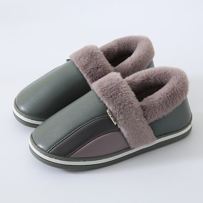 Slippers women winter all-inclusive heel non-slip couple warm waterproof PU leather home indoor shoes for men