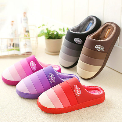 Waterproof non-slip wholesale slippers women thick-soled winter fashion stripes plush couple home indoor shoes