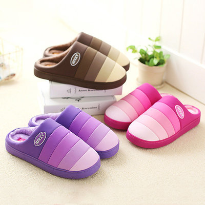 Waterproof non-slip wholesale slippers women thick-soled winter fashion stripes plush couple home indoor shoes