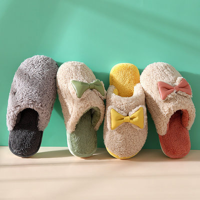 Wholesale Hairy slippers autumn winter couple warm soft plush cute bowknot female non-slip bedroom shoes