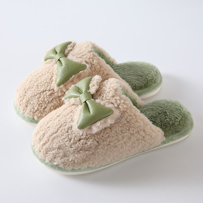 Wholesale Hairy slippers autumn winter couple warm soft plush cute bowknot female non-slip bedroom shoes