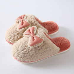 Wholesale Hairy slippers autumn winter couple warm soft plush cute bowknot female non-slip bedroom shoes