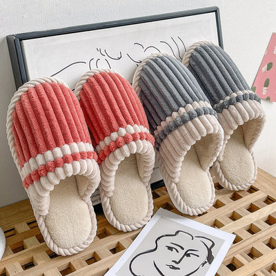 Autumn winter new design striped color warm slippers female home couple delicate plush non-slip bedroom shoes in stock