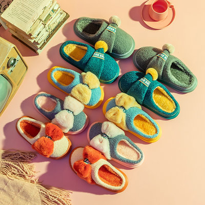 New Design Cute Bow Slippers Women Winter Home Thick Bottom Warn Non-Slip Couple Style Plush Indoor Cartoon Men