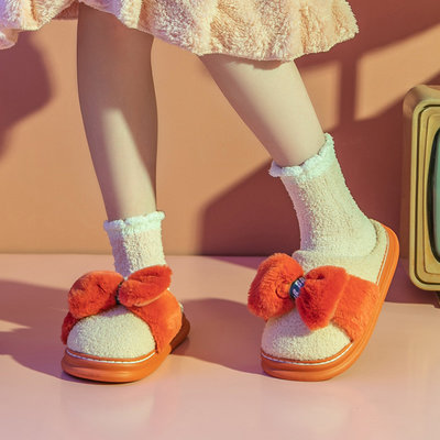 New Design Cute Bow Slippers Women Winter Home Thick Bottom Warn Non-Slip Couple Style Plush Indoor Cartoon Men