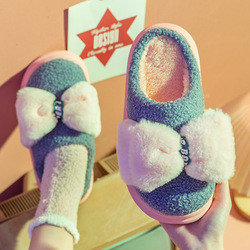 New Design Cute Bow Slippers Women Winter Home Thick Bottom Warn Non-Slip Couple Style Plush Indoor Cartoon Men
