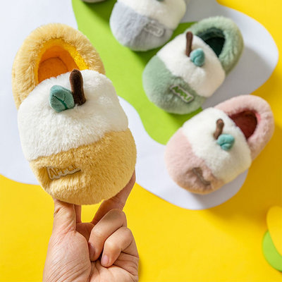 Custom Children Slippers Girls Autumn Winter Home Indoor Shoes Boys Warm Non-Slip Cartoon Apple Shape Baby Slippers