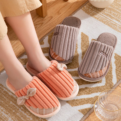 New Design Simple Style Couple Cute Bow Home Indoor Slippers Women Plush Warm Men Comfort Non-Slip home Shoes