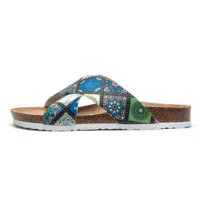 2021 New design high quality best price summer women slipper fashion Pattern Printing Double Buckle Cork Slipper