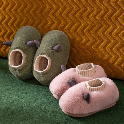 2021 New Design Children Cute Ox Horn Wrap heel Slippers Autumn Winter Warm Non-slip Soft Sole Home Indoor Shoe kids fur slipper