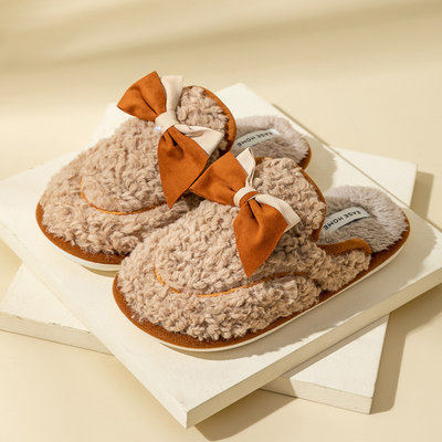 PVC Plush Cute Bow Women Casual Flat Shoes Anti Slip Warm Closed Toe