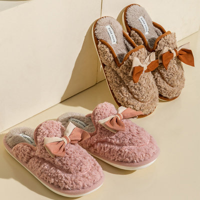 PVC Plush Cute Bow Women Casual Flat Shoes Anti Slip Warm Closed Toe