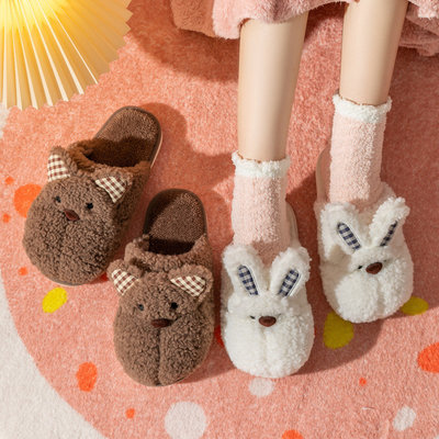 new arrival rabbit hair PVC sole slippers winter cartoon house indoor thick soled plush shoes women fluffy grid pattern slipper