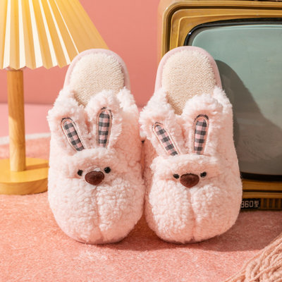 new arrival rabbit hair PVC sole slippers winter cartoon house indoor thick soled plush shoes women fluffy grid pattern slipper