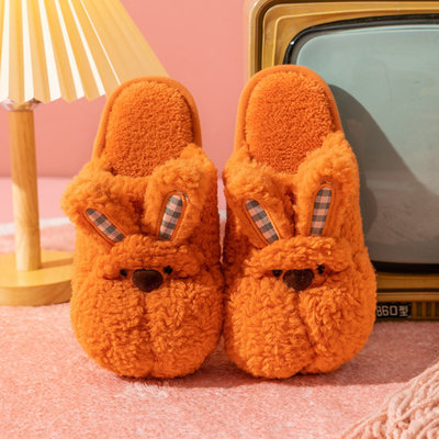 new arrival rabbit hair PVC sole slippers winter cartoon house indoor thick soled plush shoes women fluffy grid pattern slipper