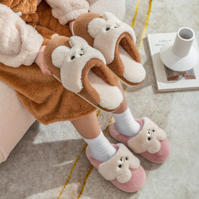 women's Cute bear breathable soft bottom home slippers lovely non-slip winter fluffy house shoes in stock