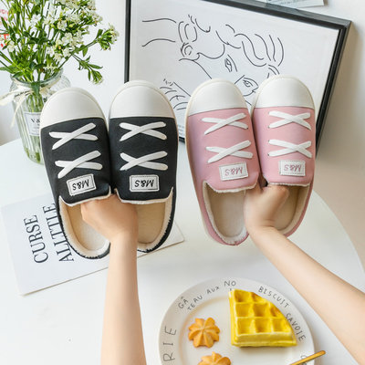 Outer wear waterproof plus velvet couple cotton mop autumn and winter home cute thick-soled non-slip slippers