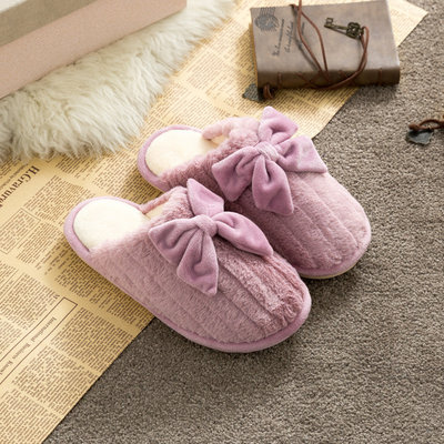 Wholesale autumn and winter explosion models bow thickened warm plush slippers non-slip home couple shoes