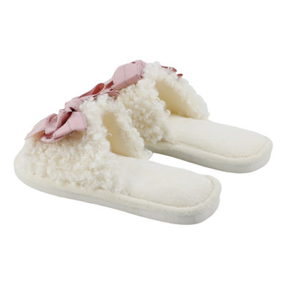 Women Soft Sherpa With Bowknot Memory Foam Slide Lady Fluffy Slide Open Toe Slippers