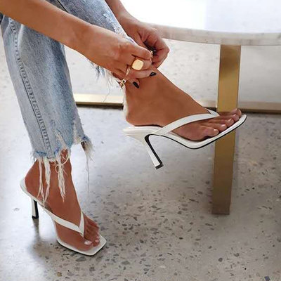 New style square toe PU sandals female heels shoes non-slip women slippers slides fashion out wear high heel flip flops