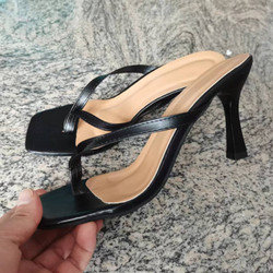 New style square toe PU sandals female heels shoes non-slip women slippers slides fashion out wear high heel flip flops