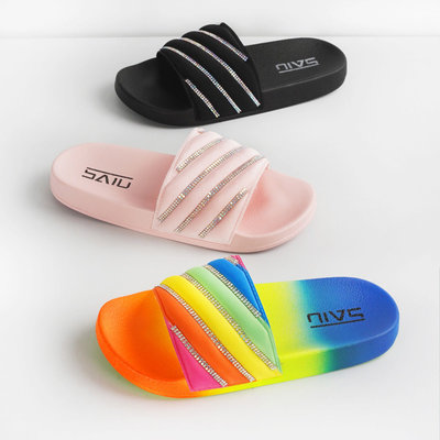 High quality lady rainbow color custom soft women PVC material slippers lightweight out wear sandals wholesale cloud slides
