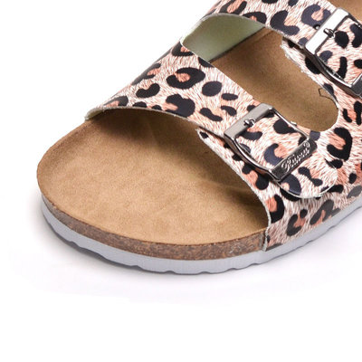 Wholesale 2021 summer new ladies slippers Leopard Printed Cork Sole Two Straps Portable Cork slippers casual shoes woman