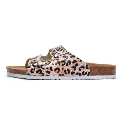 Wholesale 2021 summer new ladies slippers Leopard Printed Cork Sole Two Straps Portable Cork slippers casual shoes woman