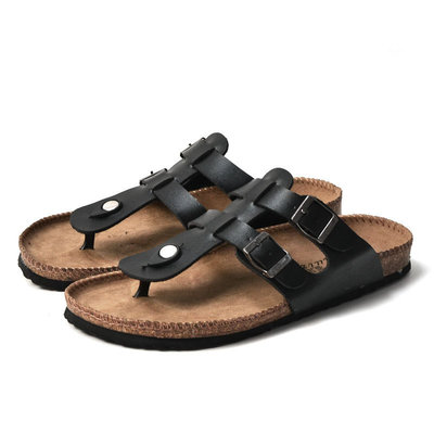 New Design Black Unisex Slides Sandals PU Leather Double Strap Flat Soft Cork Sandals slippers for men rubber
