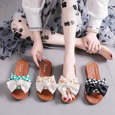 2022 new custom outdoor wedge sandals fashion plaid bowknot upper ladies soft bottom non-slip casual shoes