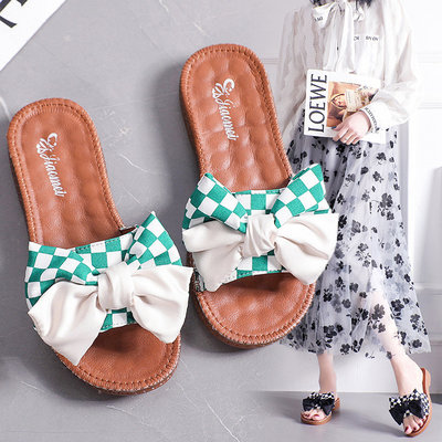 2022 new custom outdoor wedge sandals fashion plaid bowknot upper ladies soft bottom non-slip casual shoes