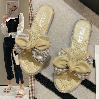 Sandals for women and ladies hot sale new summer custom rhinestone fashion bowknot upper non-slip sole slippers