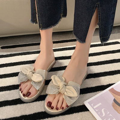 Sandals for women and ladies hot sale new summer custom rhinestone fashion bowknot upper non-slip sole slippers