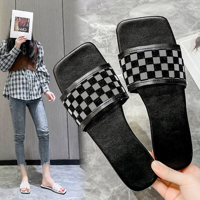 Black And White Beach Shoes Grid Upper Flat Open Toe Large Size Beach Shoes