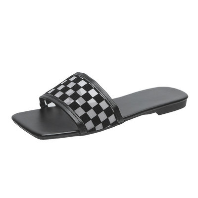 Black And White Beach Shoes Grid Upper Flat Open Toe Large Size Beach Shoes