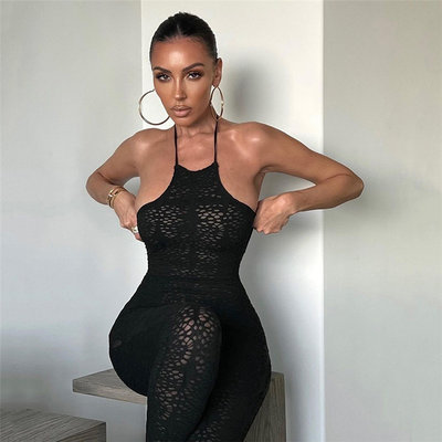 In stock Night Club Women lace-up Black Mesh yarn Tight Jumpsuit fitness Rompers two pieces Yoga set Training Wear