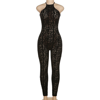 In stock Night Club Women lace-up Black Mesh yarn Tight Jumpsuit fitness Rompers two pieces Yoga set Training Wear