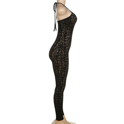 In stock Night Club Women lace-up Black Mesh yarn Tight Jumpsuit fitness Rompers two pieces Yoga set Training Wear