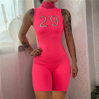 Summer women sportswear new fashion embroidered tight sleeveless yoga clothing high waist pants casual sports lady jumpsuit