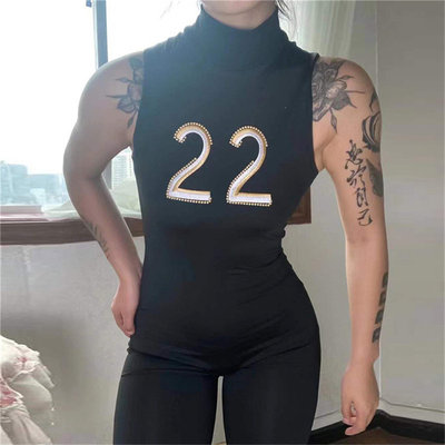 Summer women sportswear new fashion embroidered tight sleeveless yoga clothing high waist pants casual sports lady jumpsuit