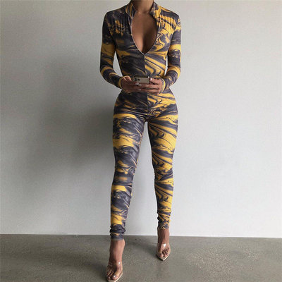 hot sales ladies printed front zipper stand collar long sleeve gym wear high waist and tight sportswear one piece Jumpsuit