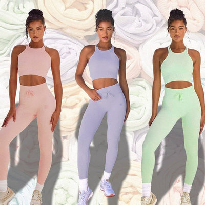 2021 summer new thread breathable women's solid color sportswear high waist yoga set two pieces tight sport suit ems