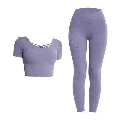 2021 Short Sleeve Two Piece sports suit Women High Waist Tight Sportswear Seamless Yoga Set ladies solid color Activewear