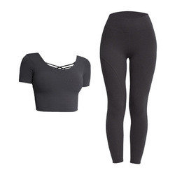 2021 Short Sleeve Two Piece sports suit Women High Waist Tight Sportswear Seamless Yoga Set ladies solid color Activewear