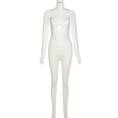 hot sale women long sleeve jumpsuit 2021 new design solid color hollow out bodycon cross bandage sportswear in stock