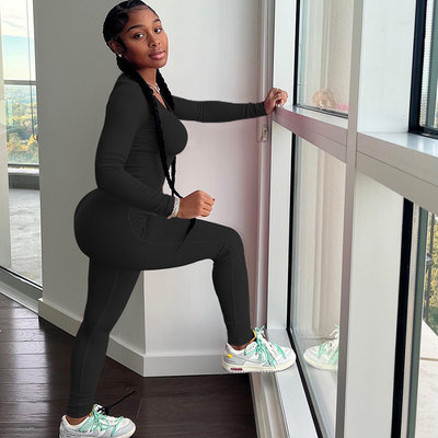Women sportswear New Solid Color Slim Long Sleeve running gym wear High Waist Tight Pants Casual yoga Suit