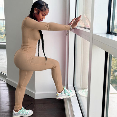 Women sportswear New Solid Color Slim Long Sleeve running gym wear High Waist Tight Pants Casual yoga Suit